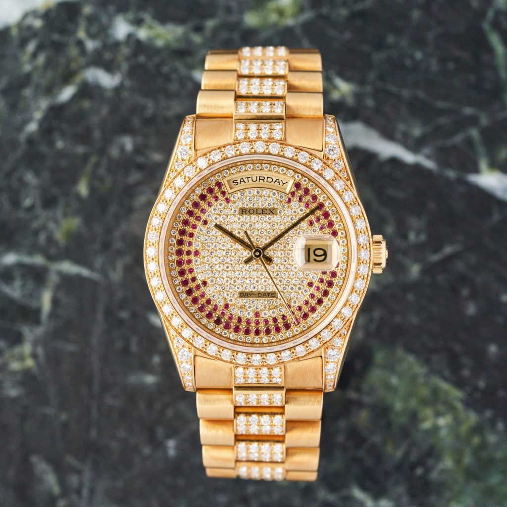 Rolex Day-Date 18388 – 18K Yellow Gold – Factory Pavé Diamond Ruby ...